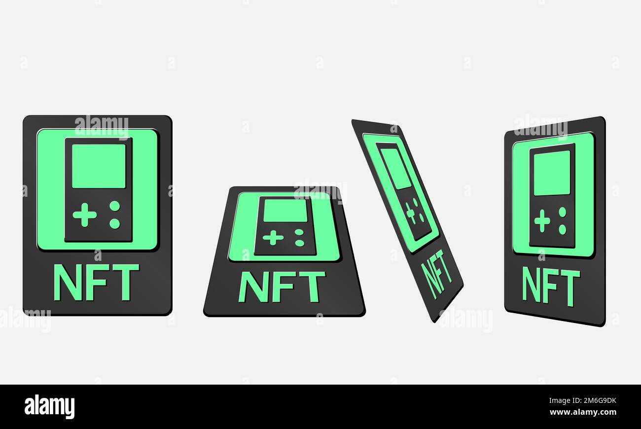 3D token NFT cards in crypto artwork. NFT card with game in perspective, top view in isometric ...
