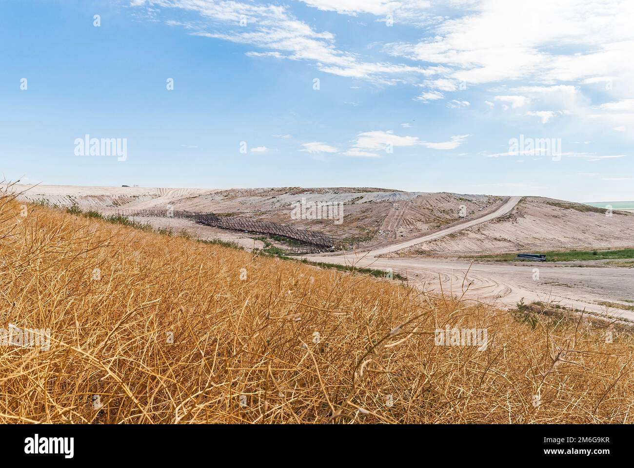 Brush and grasses on a hillside and a barren mound in an active ...