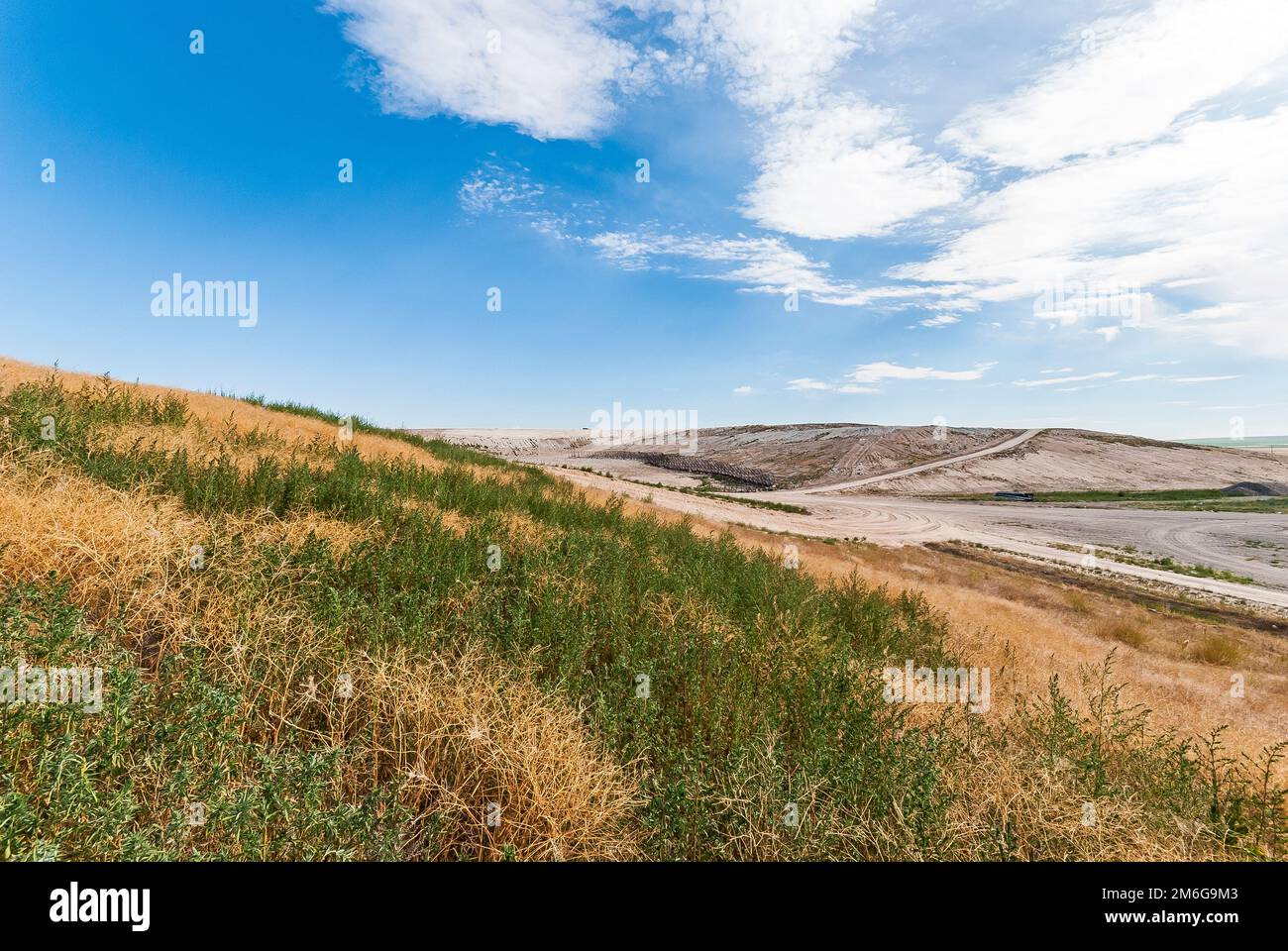 Brush and grasses on a hillside and a barren mound in an active ...