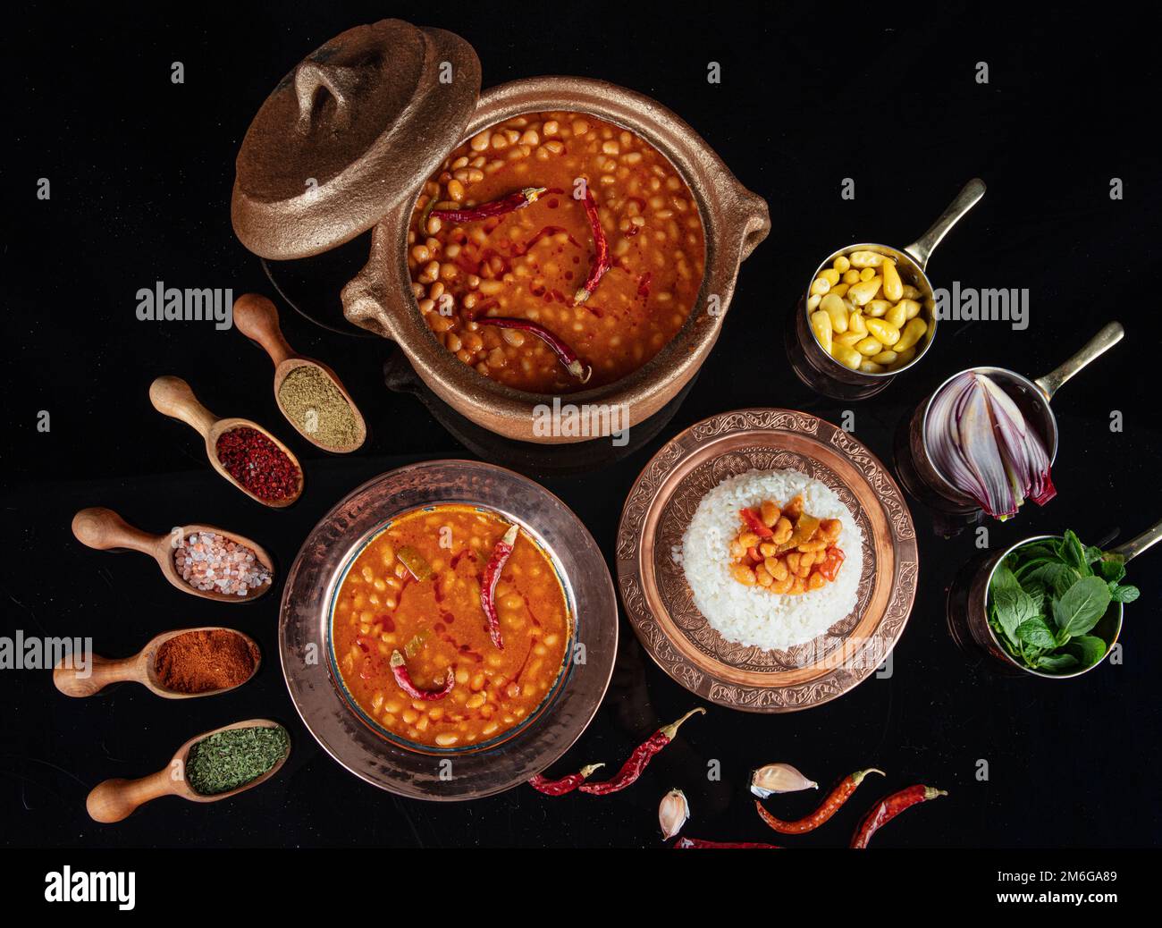 Turkish food on the table Baked bean pilaf (dark blue beans and rice ...