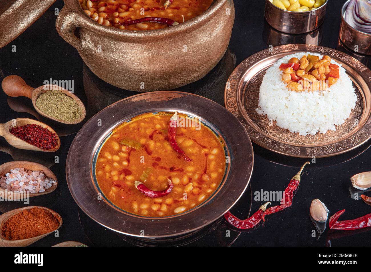Turkish food on the table Baked bean pilaf (dark blue beans and rice ...