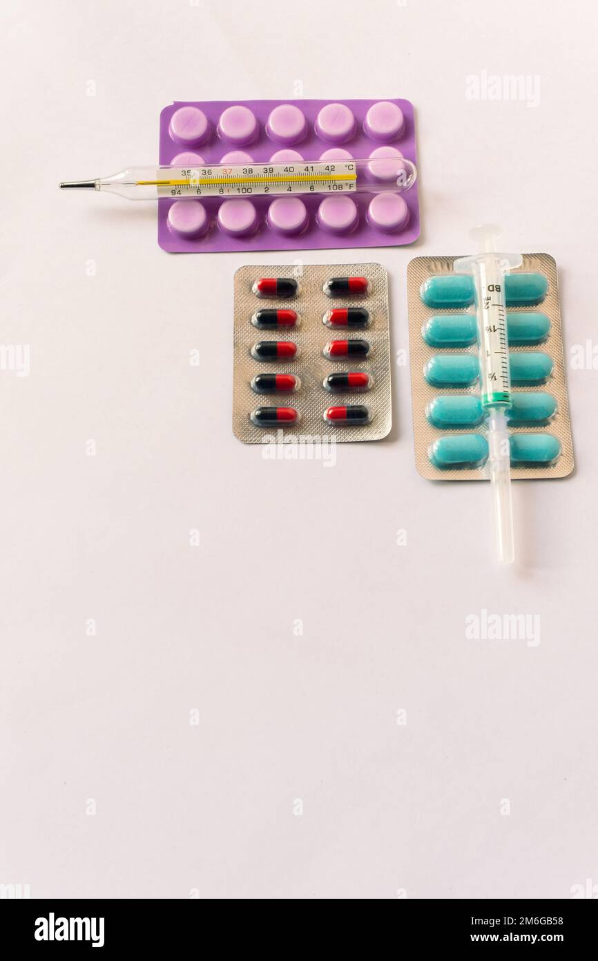 Various medical equipment, thermometer, ampoules, pipette, drugs ...