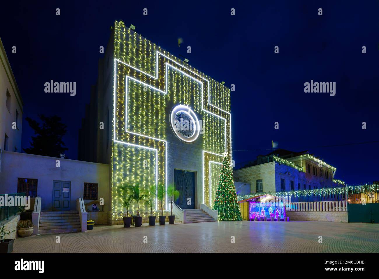 View of the Catholic St. Josephs Church, with Christmas decorations, in ...