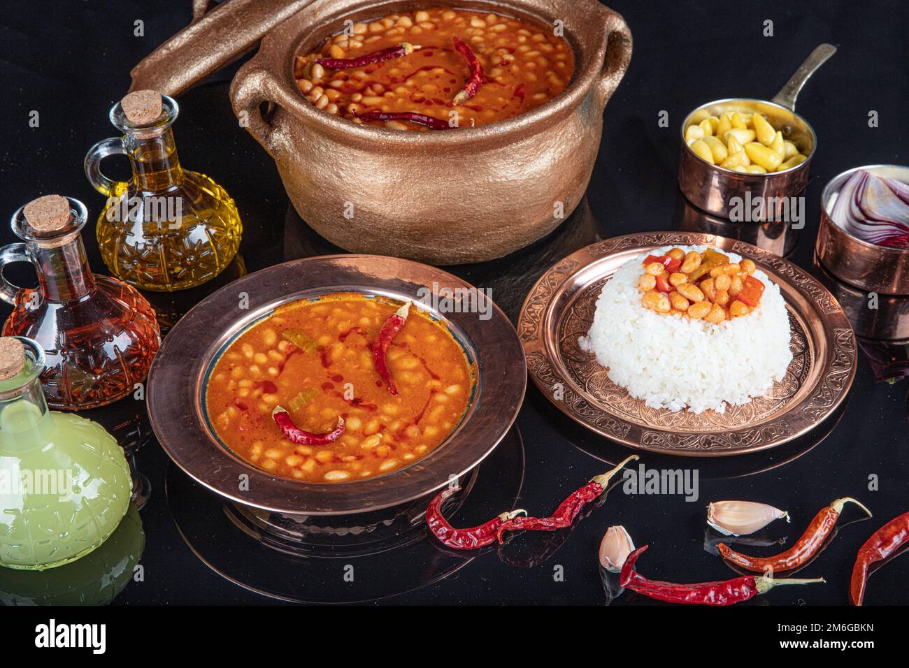 Turkish food on the table Baked bean pilaf (dark blue beans and rice ...