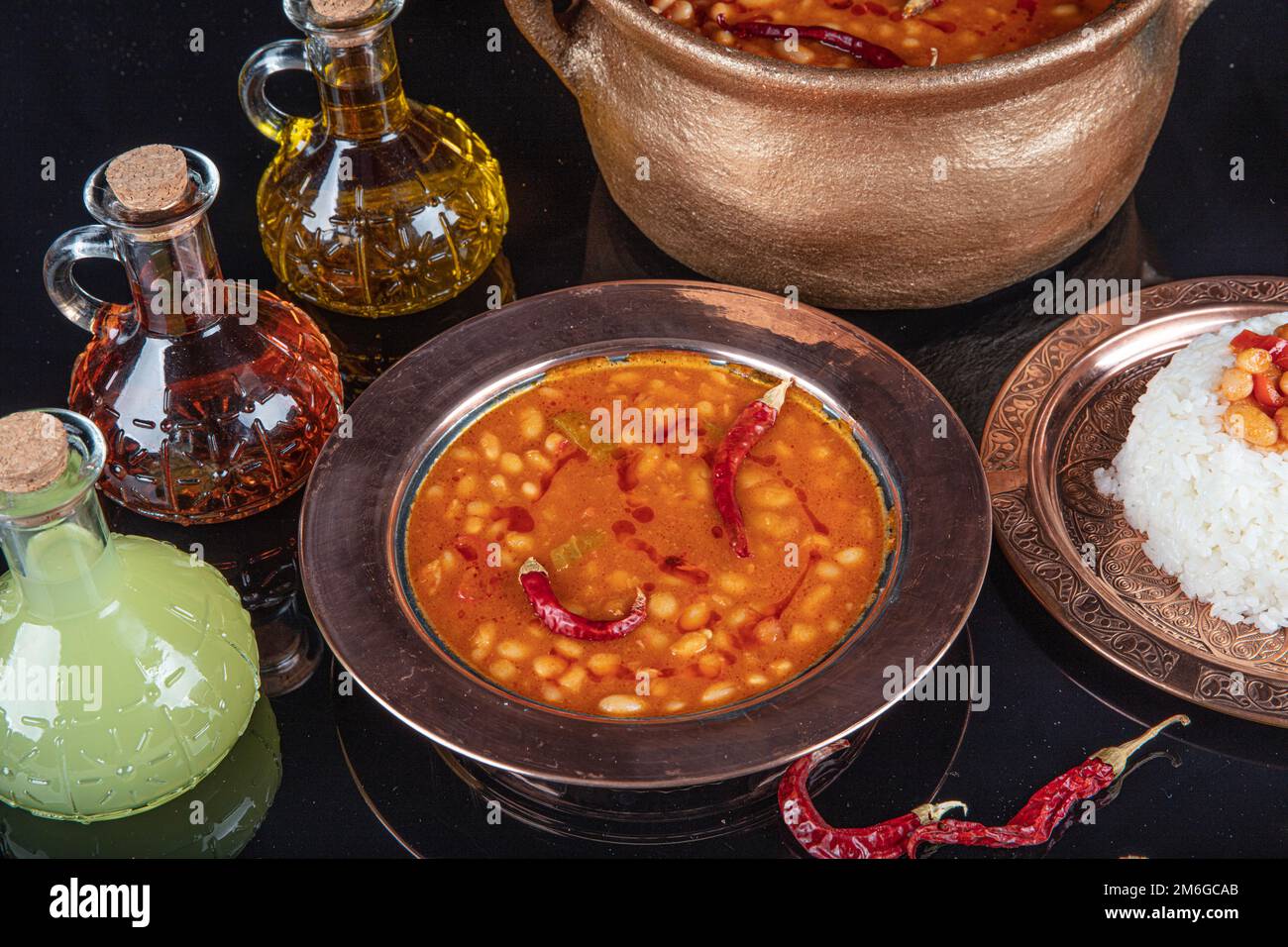 Turkish food on the table Baked bean pilaf (dark blue beans and rice ...