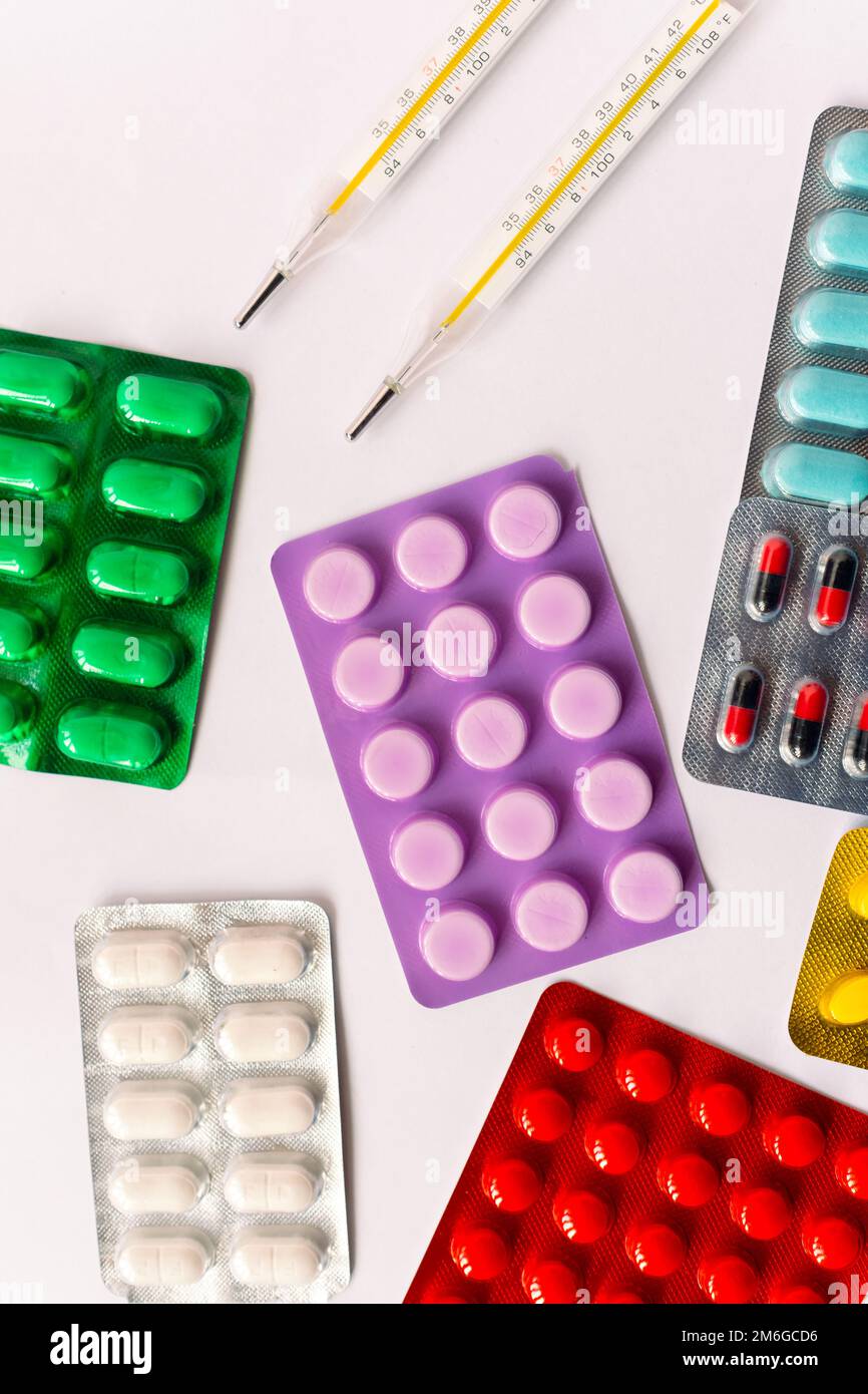 Various medical equipment, thermometer, ampoules, pipette, drugs ...