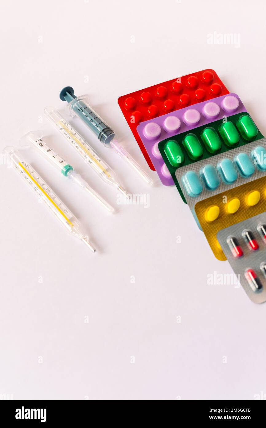 Various medical equipment, thermometer, ampoules, pipette, drugs ...