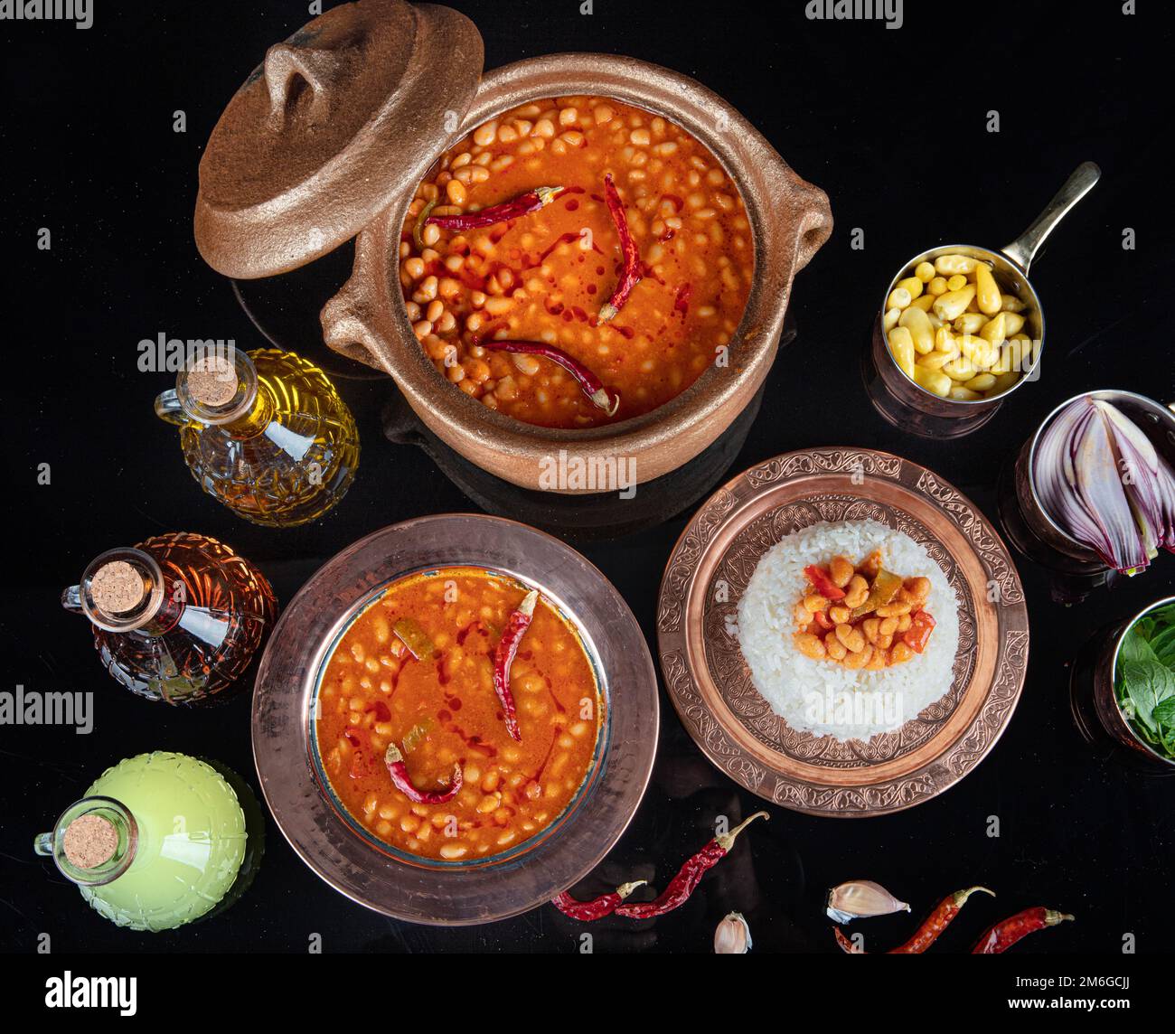 Turkish food on the table Baked bean pilaf (dark blue beans and rice ...