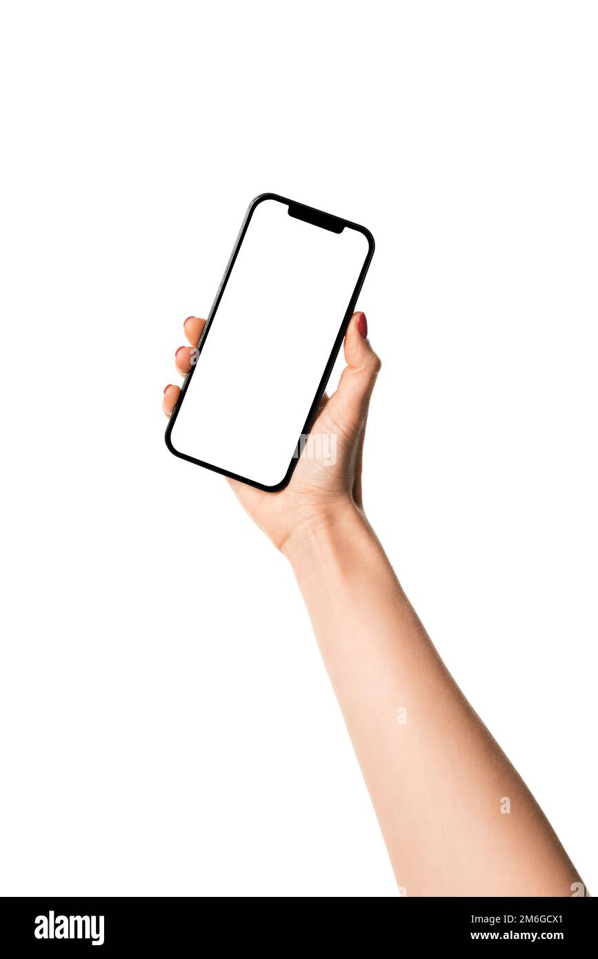 Woman hand holding modern smartphone iPhone mockup. New modern black ...