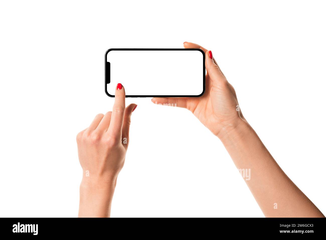 Woman hand holding modern smartphone iPhone mockup. New modern black frameless smartphone mockup ...