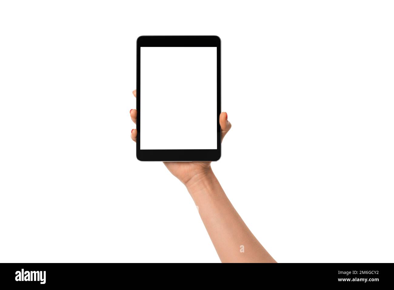 Woman hand holding modern digital tablet mockup with white screen ...
