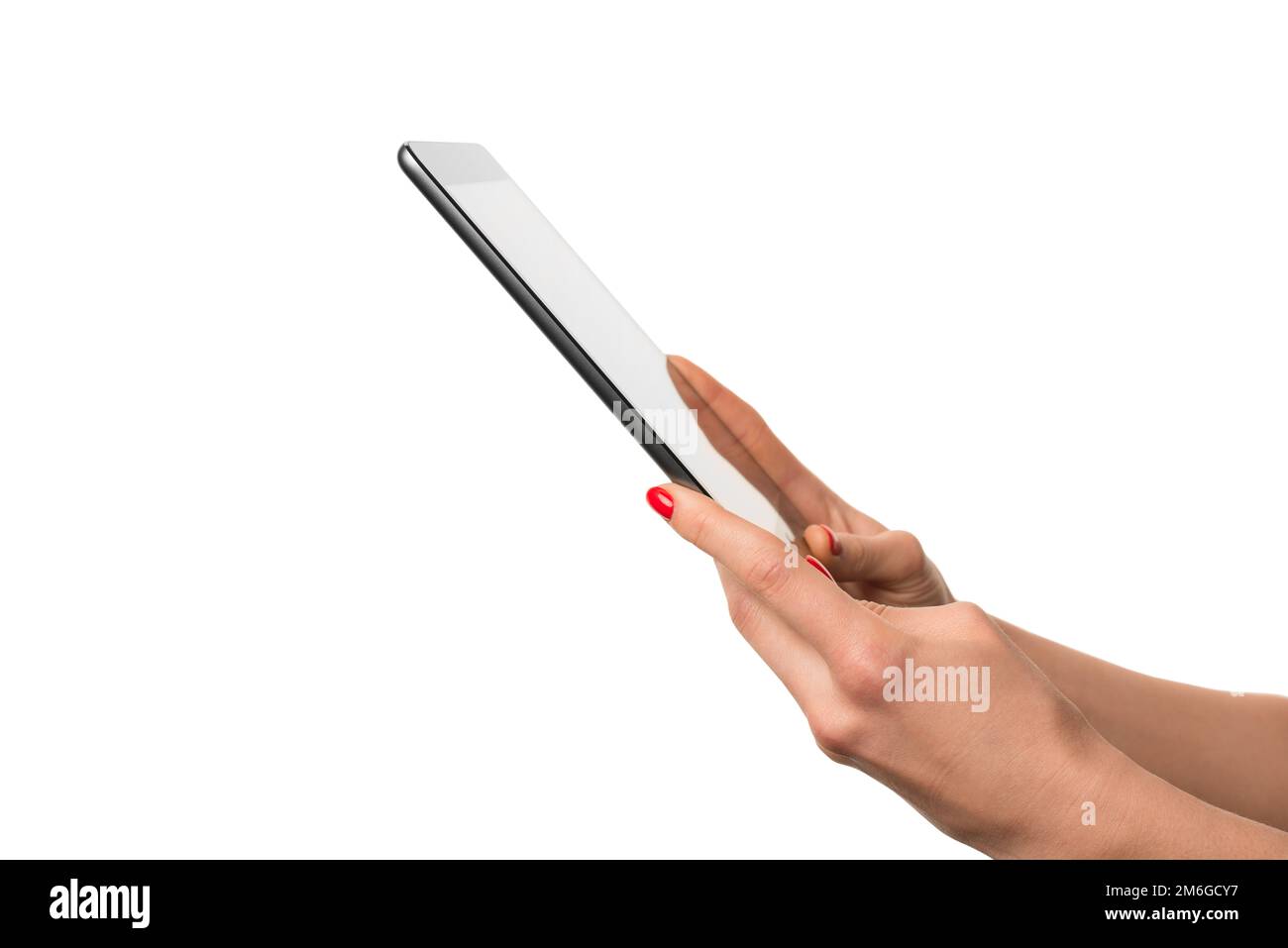 Woman hand holding modern digital tablet mockup with white screen ...