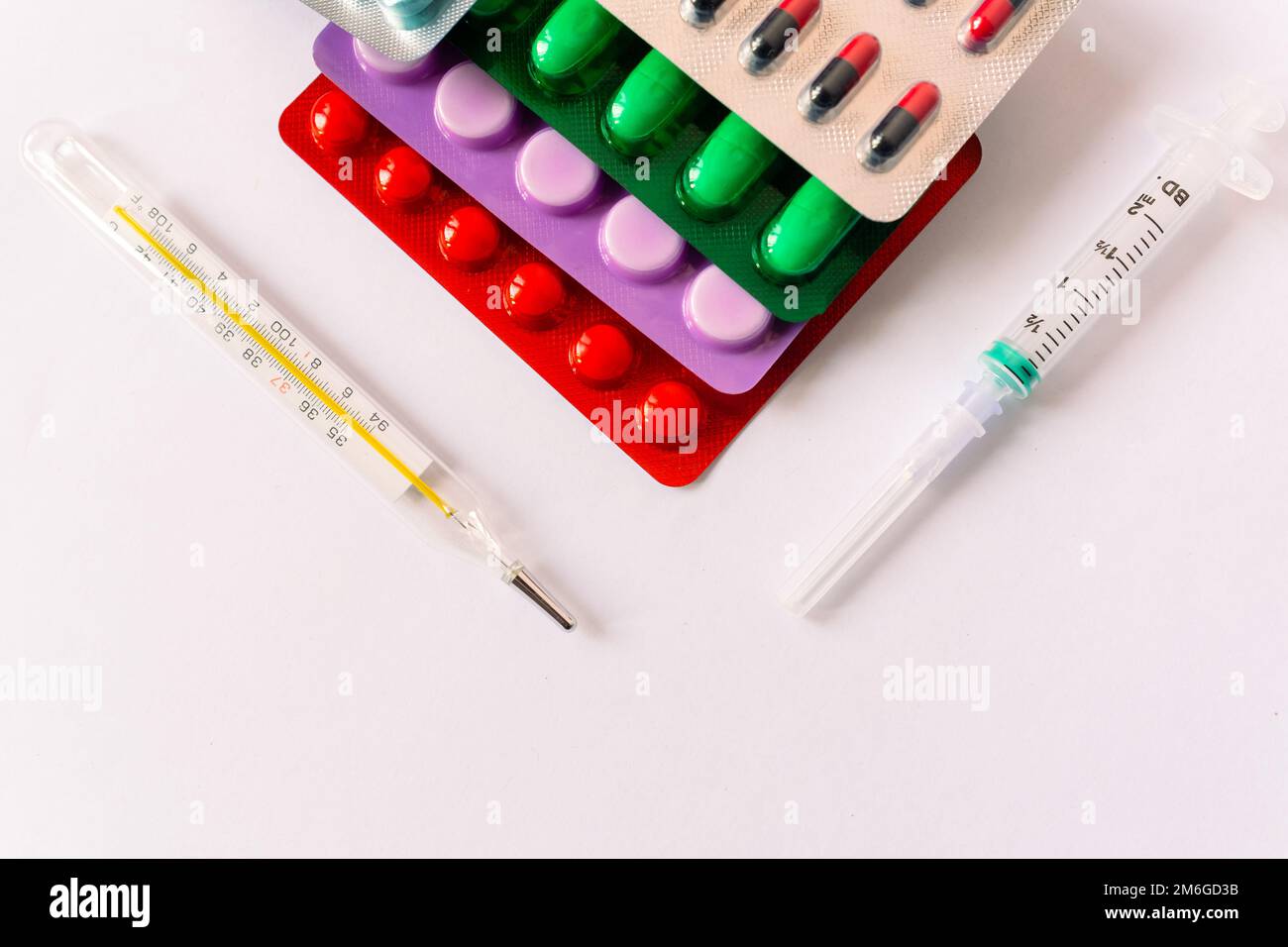 Various medical equipment, thermometer, ampoules, pipette, drugs ...
