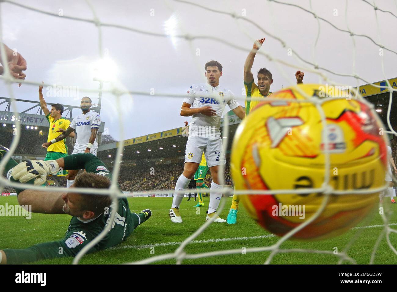 Robert Green of Leeds United is beaten as Robbie Brady of Norwich City ...