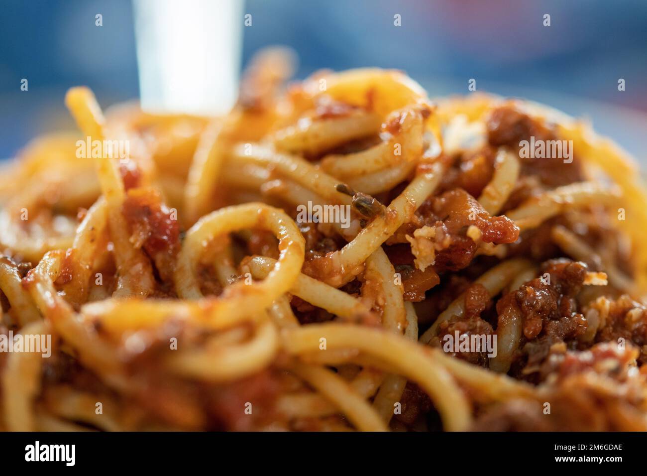 Macro shot of a bunch of spaghetti with minced meat sauce, Bolognese ...