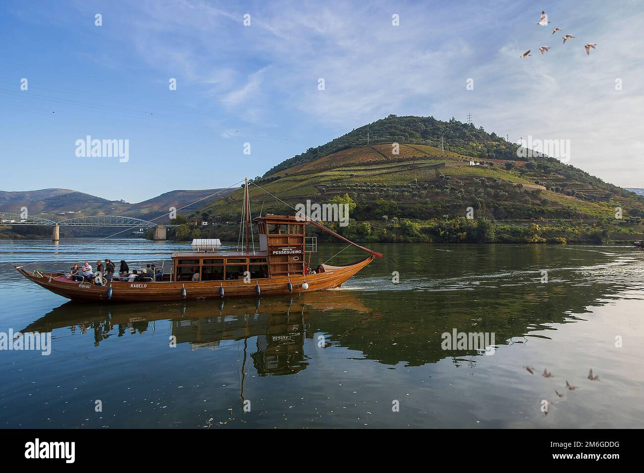 Douro landscape with traditional port wine transport boat Stock Photo ...