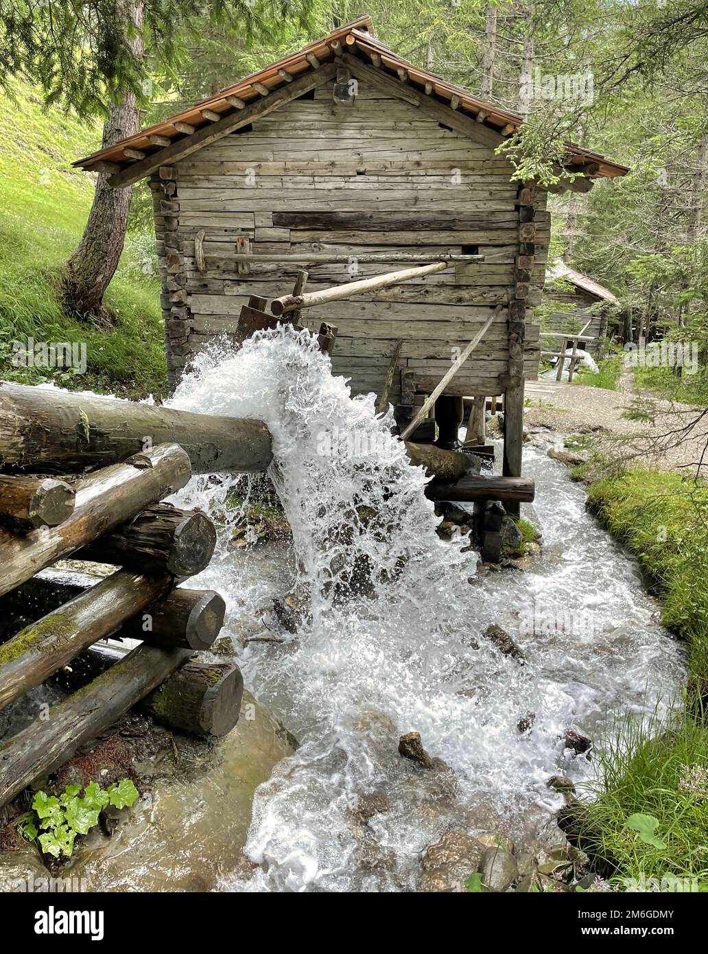 Water rushing by wooden cabin in the woods Stock Photo - Alamy