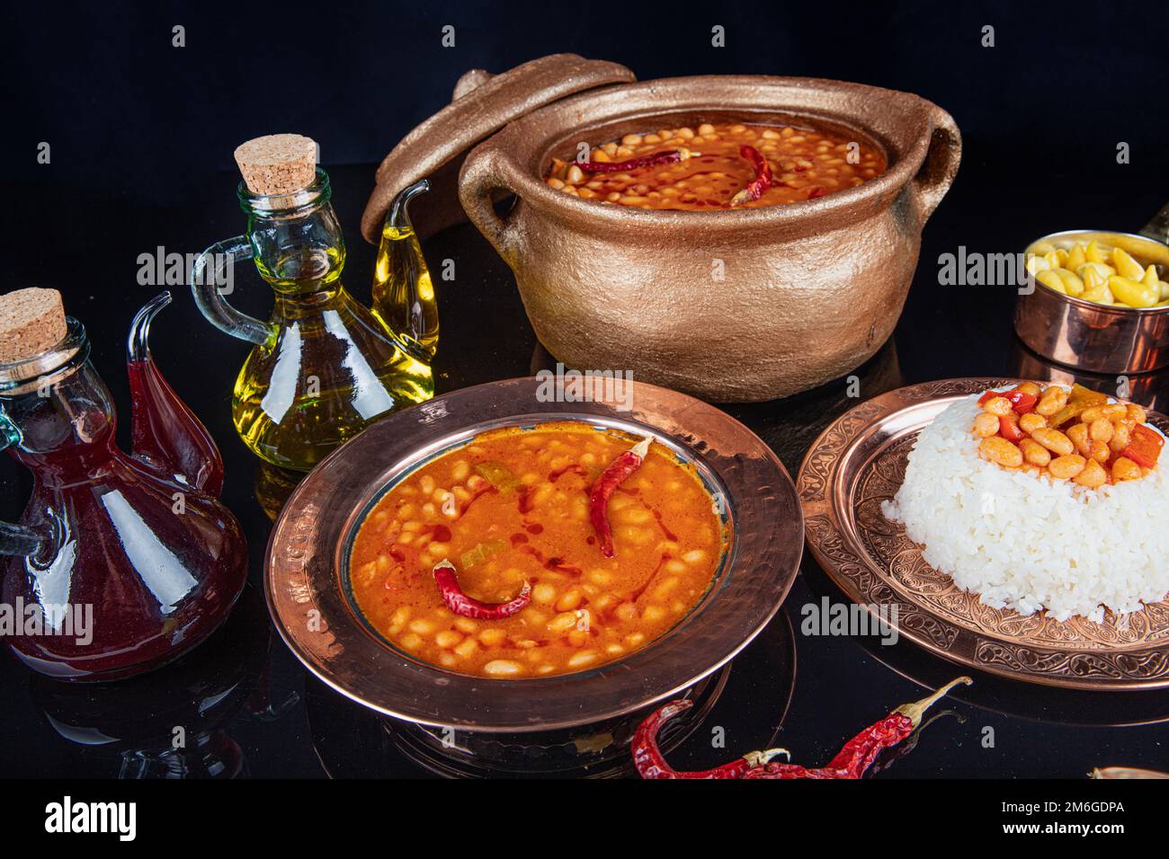 Turkish food on the table Baked bean pilaf (dark blue beans and rice ...