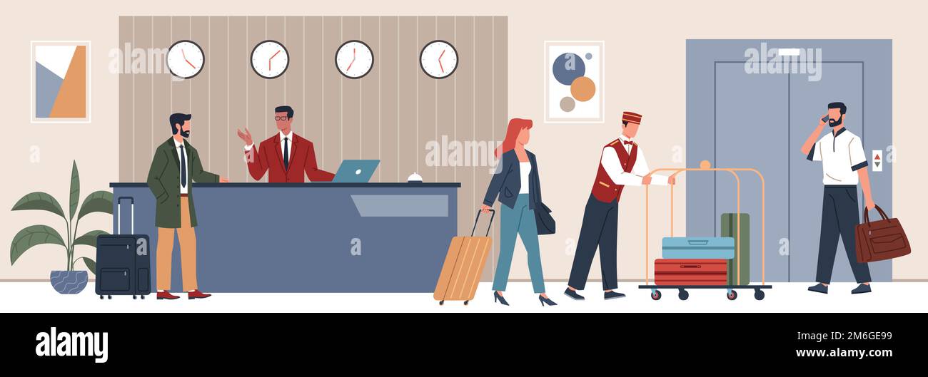 Hotel reception. Arriving guests at information, registration desk ...