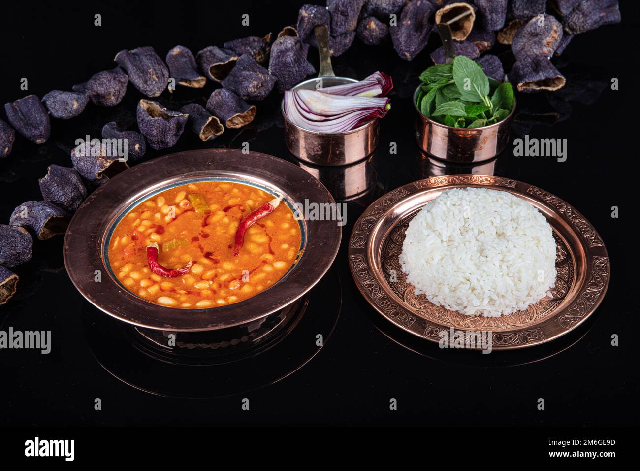 Turkish food on the table Baked bean pilaf (dark blue beans and rice ...