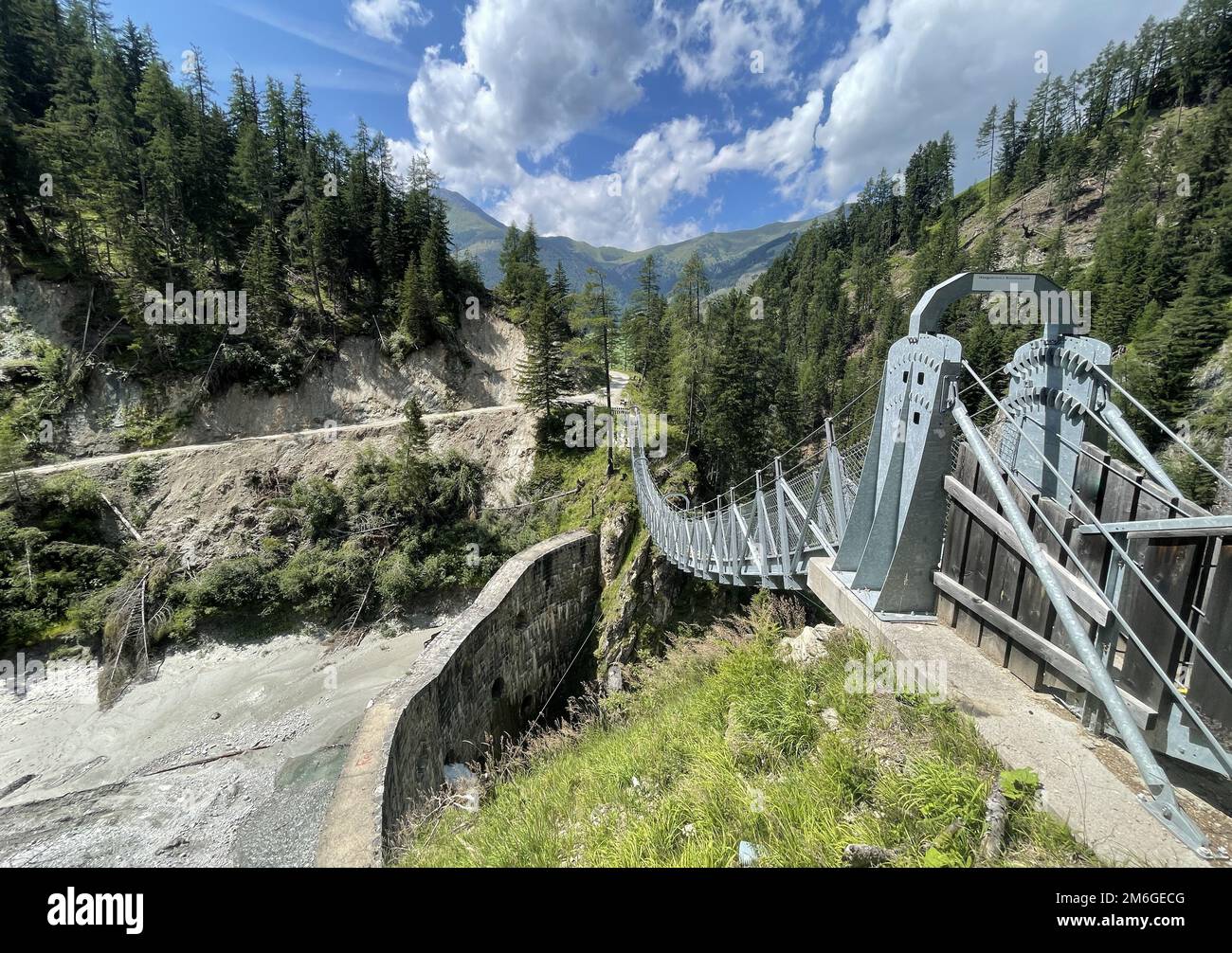 Suspension bridge between the trees in the alps mountains in Kals am ...