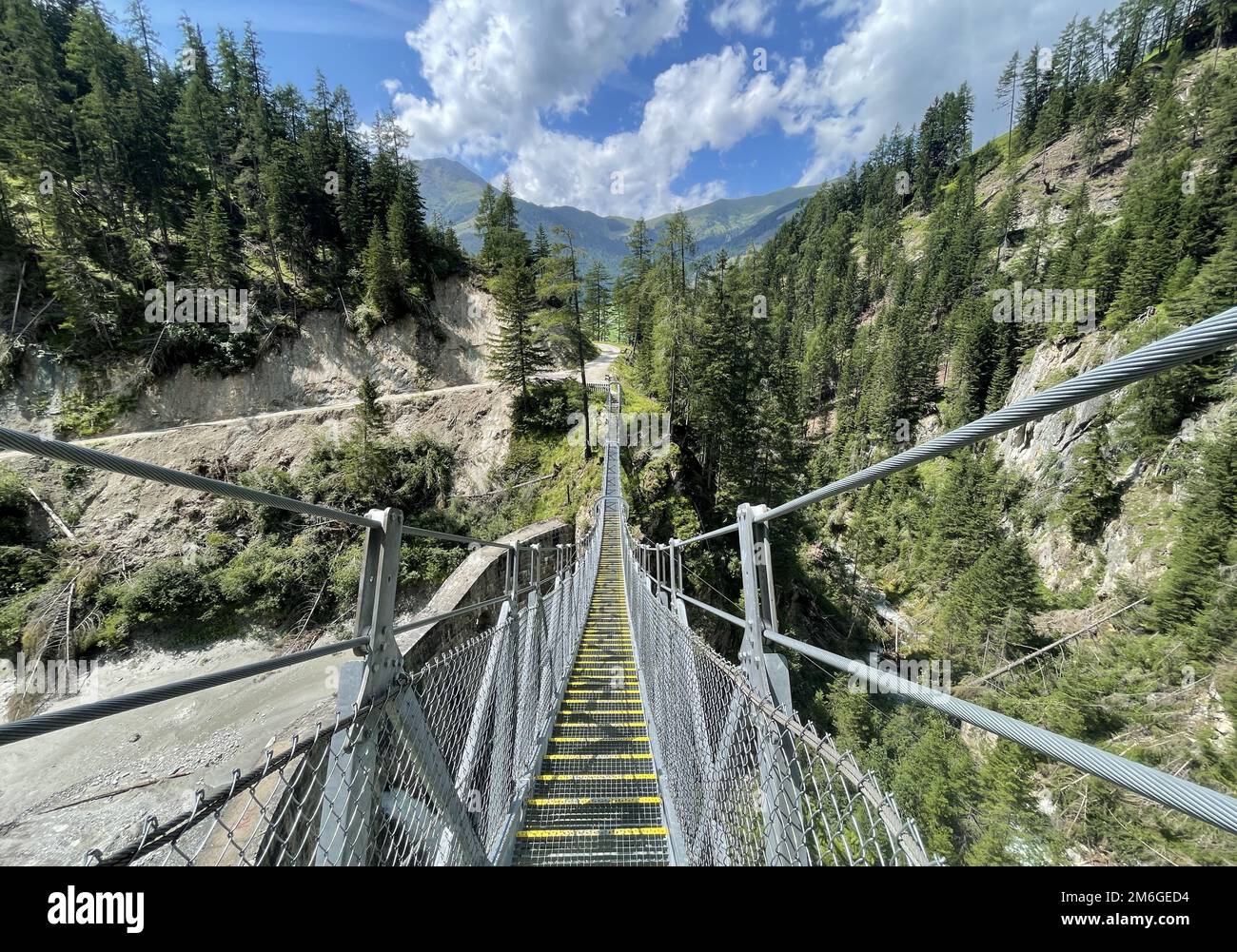 Suspension bridge between the trees in the alps mountains in Kals am ...