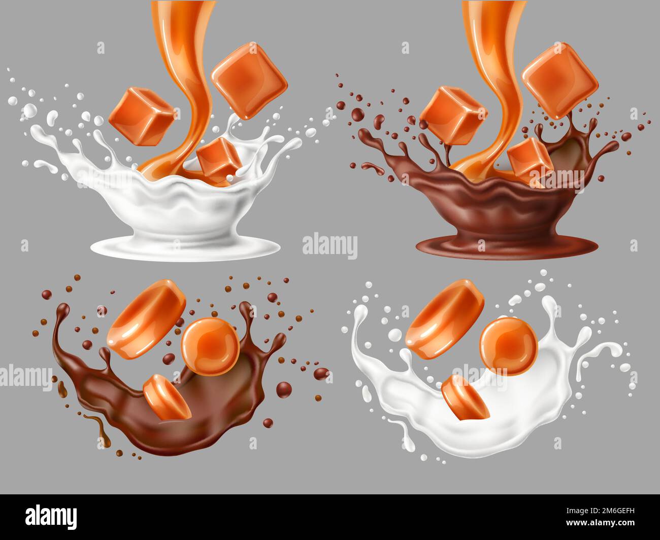 Melt caramel splashes. Realistic toffees pieces with milk and chocolate ...