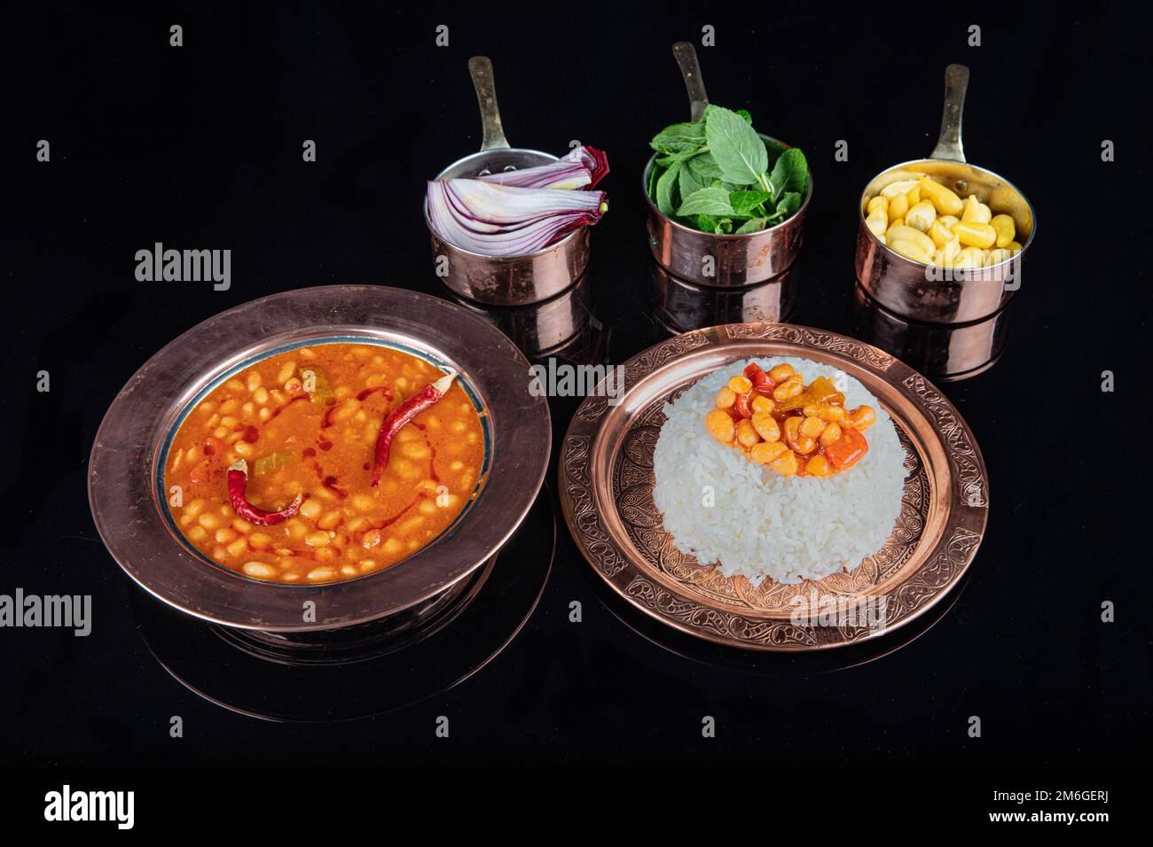 Turkish food on the table Baked bean pilaf (dark blue beans and rice ...