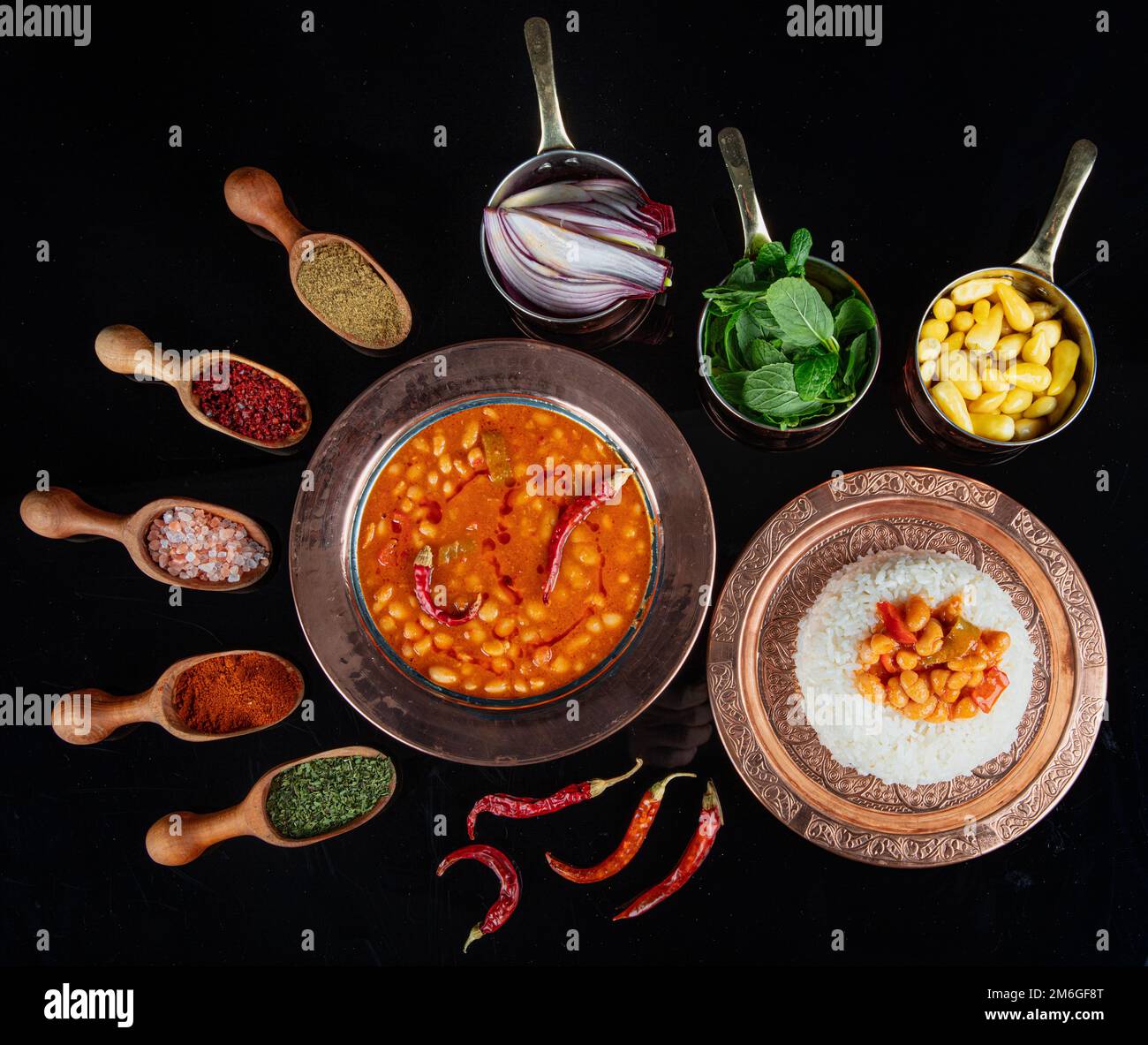 Turkish food on the table Baked bean pilaf (dark blue beans and rice ...