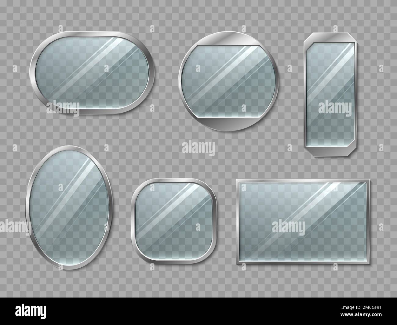 Realistic framed glass banners. Transparent empty glasses of various ...