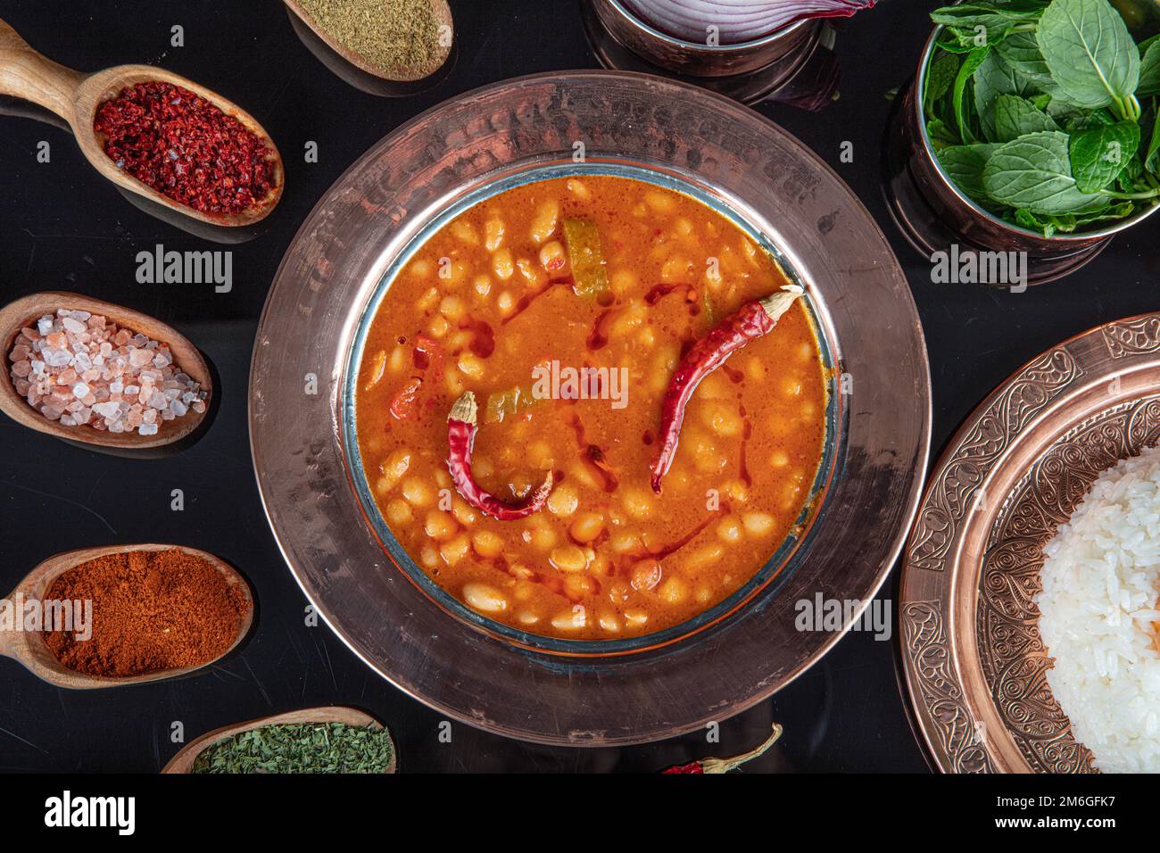 Turkish food on the table Baked bean pilaf (dark blue beans and rice ...