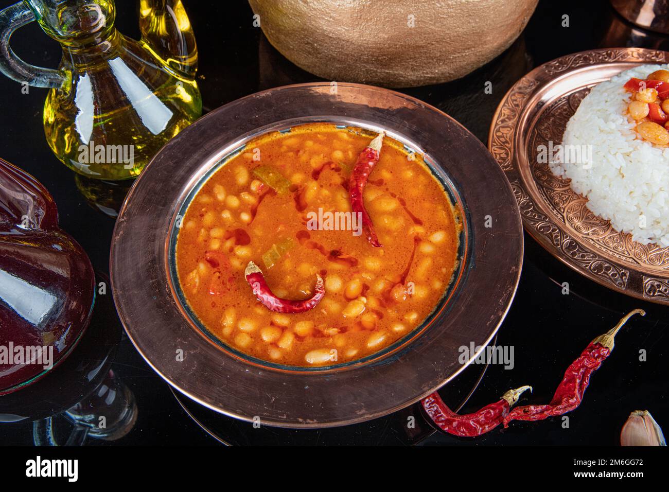 Turkish food on the table Baked bean pilaf (dark blue beans and rice ...