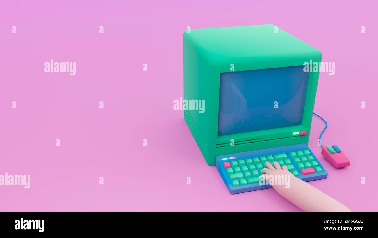 3d render, 3d illustration. Computer with keyboard, mouse and hand ...