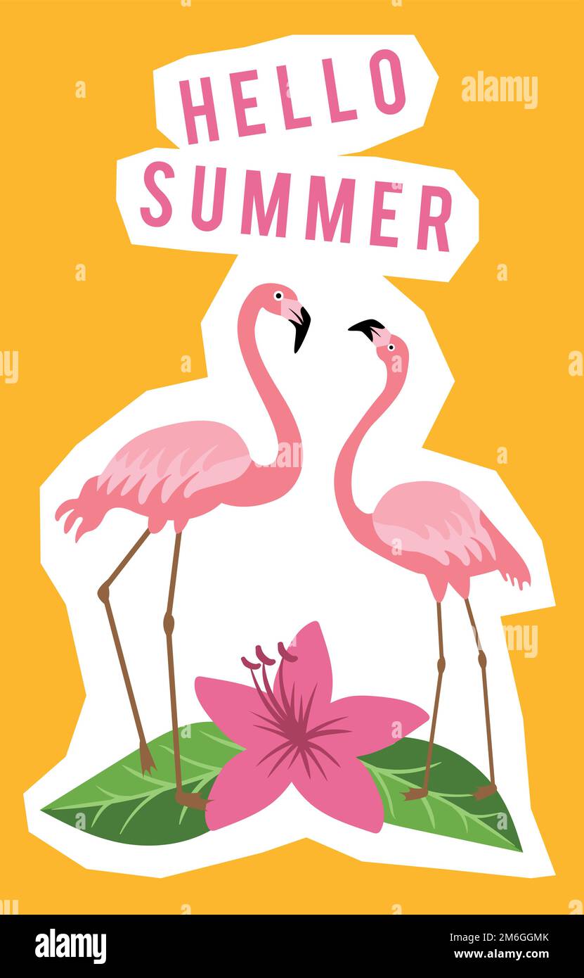 Hello summer poster with pink flamingos. Season card template Stock ...