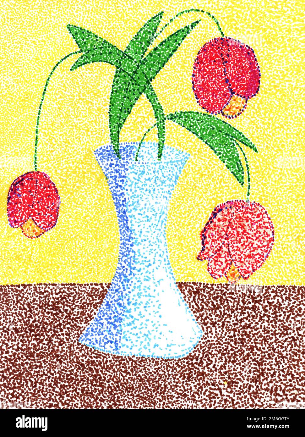 Children's drawing of flowers in vase made by dots with felt-tip pens ...
