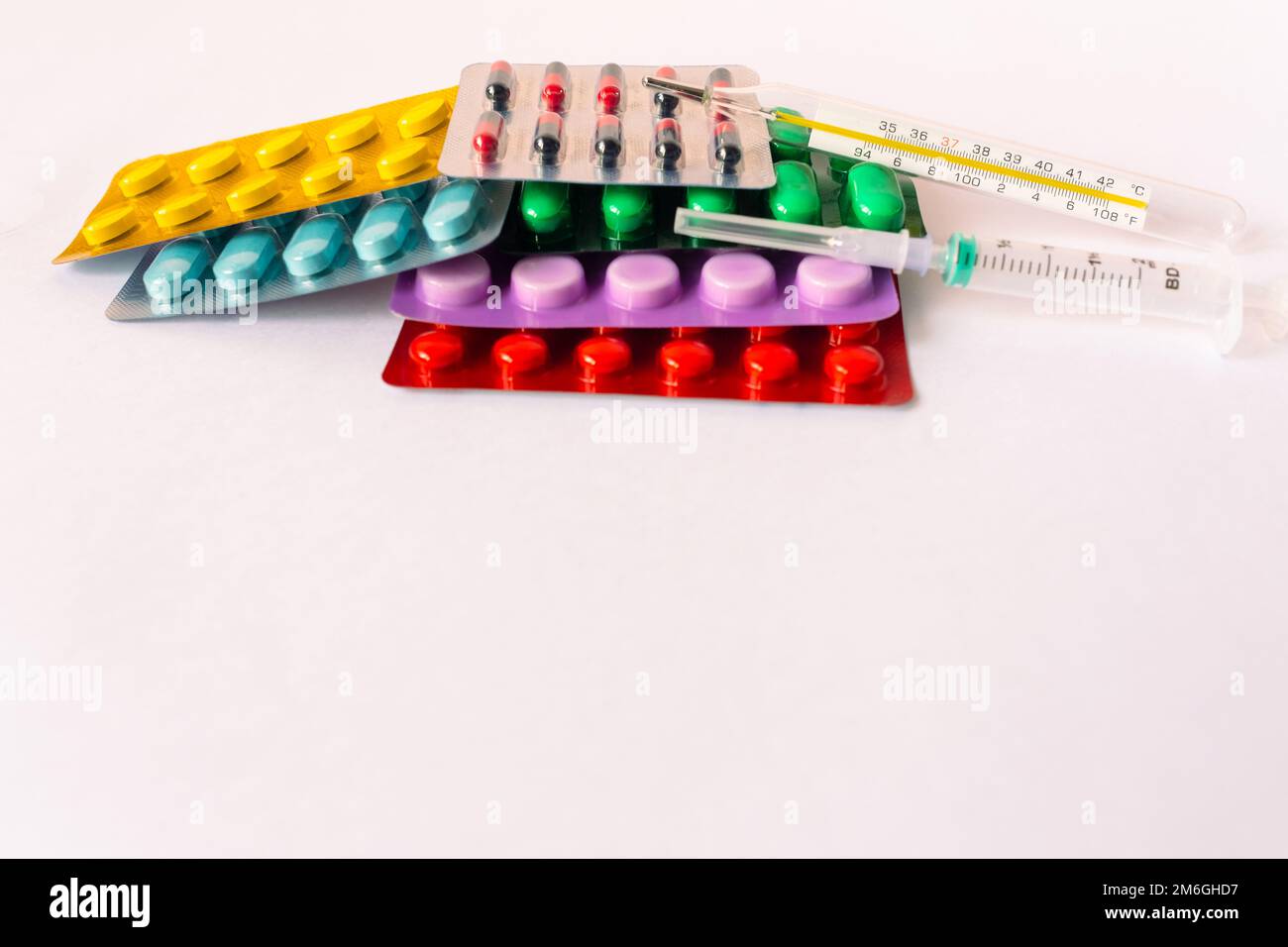 Various medical equipment, thermometer, ampoules, pipette, drugs ...