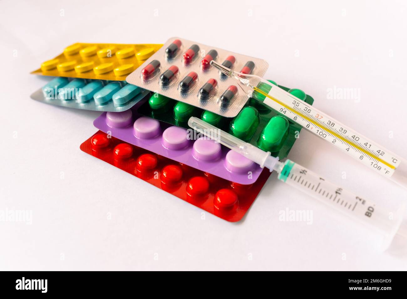 Various medical equipment, thermometer, ampoules, pipette, drugs ...