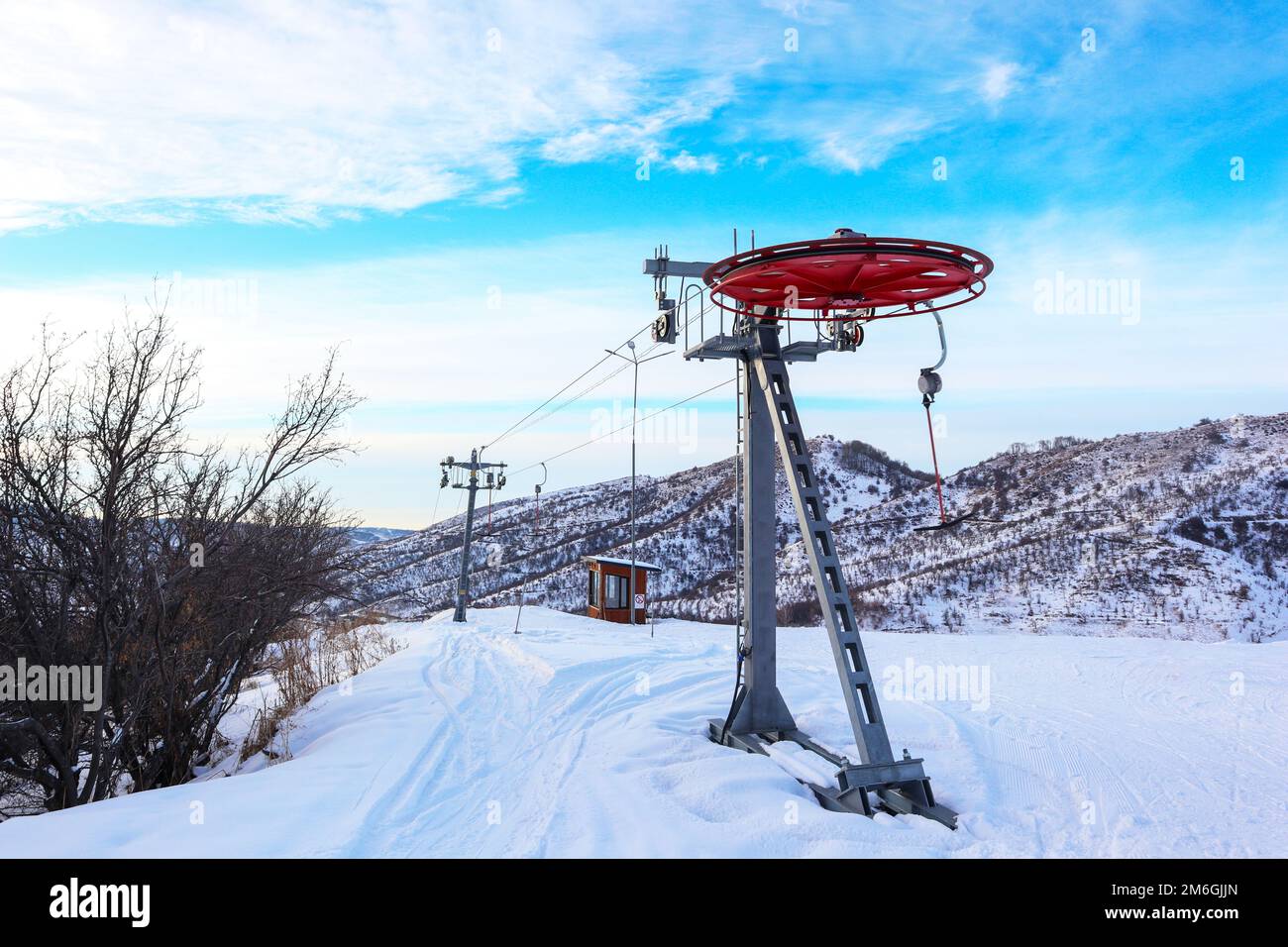 an empty ski lift at a ski resort. elevator on the mountain Stock Photo ...