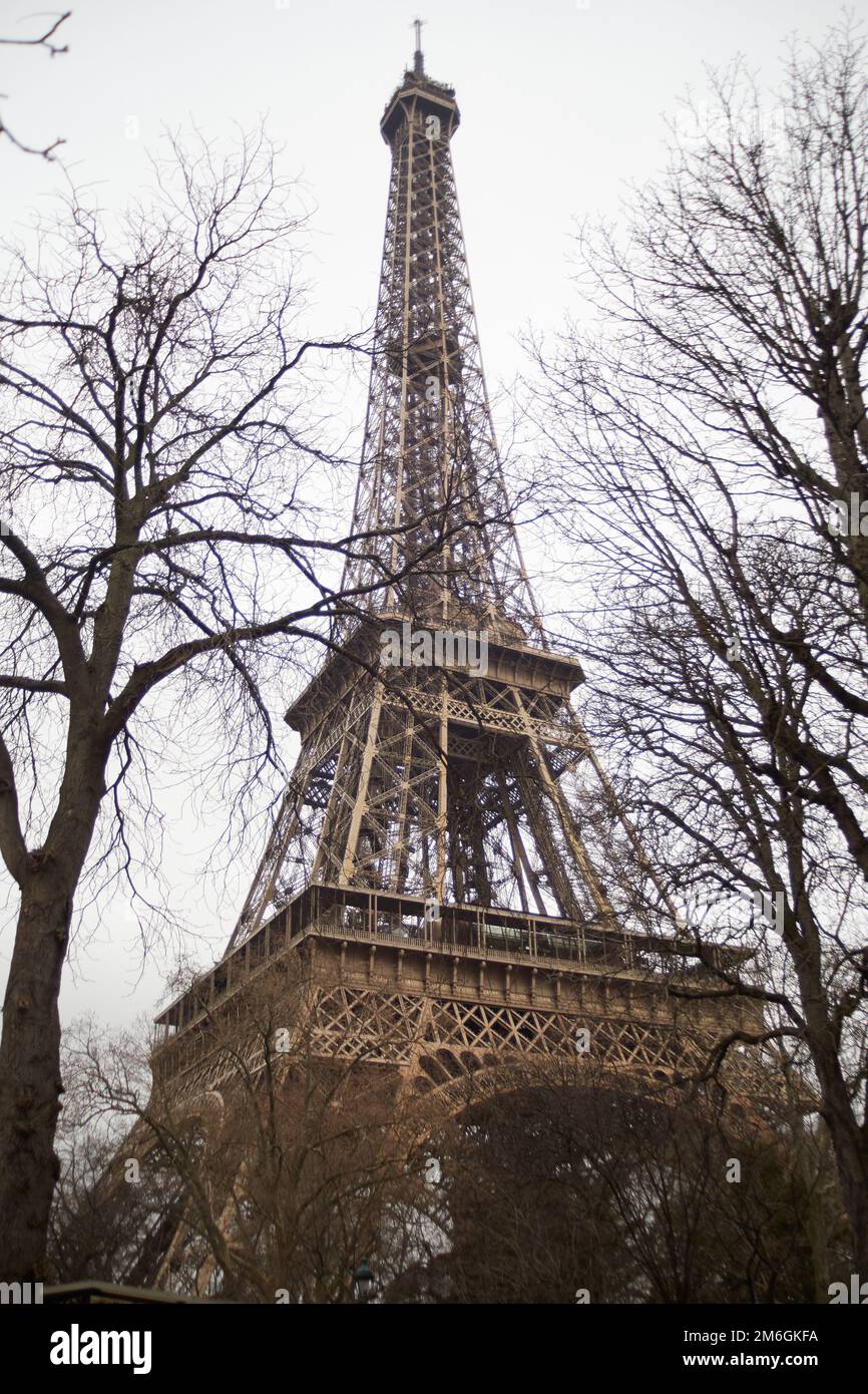 A view of the Eiffel Tower from beneath on a cold winter day Stock ...