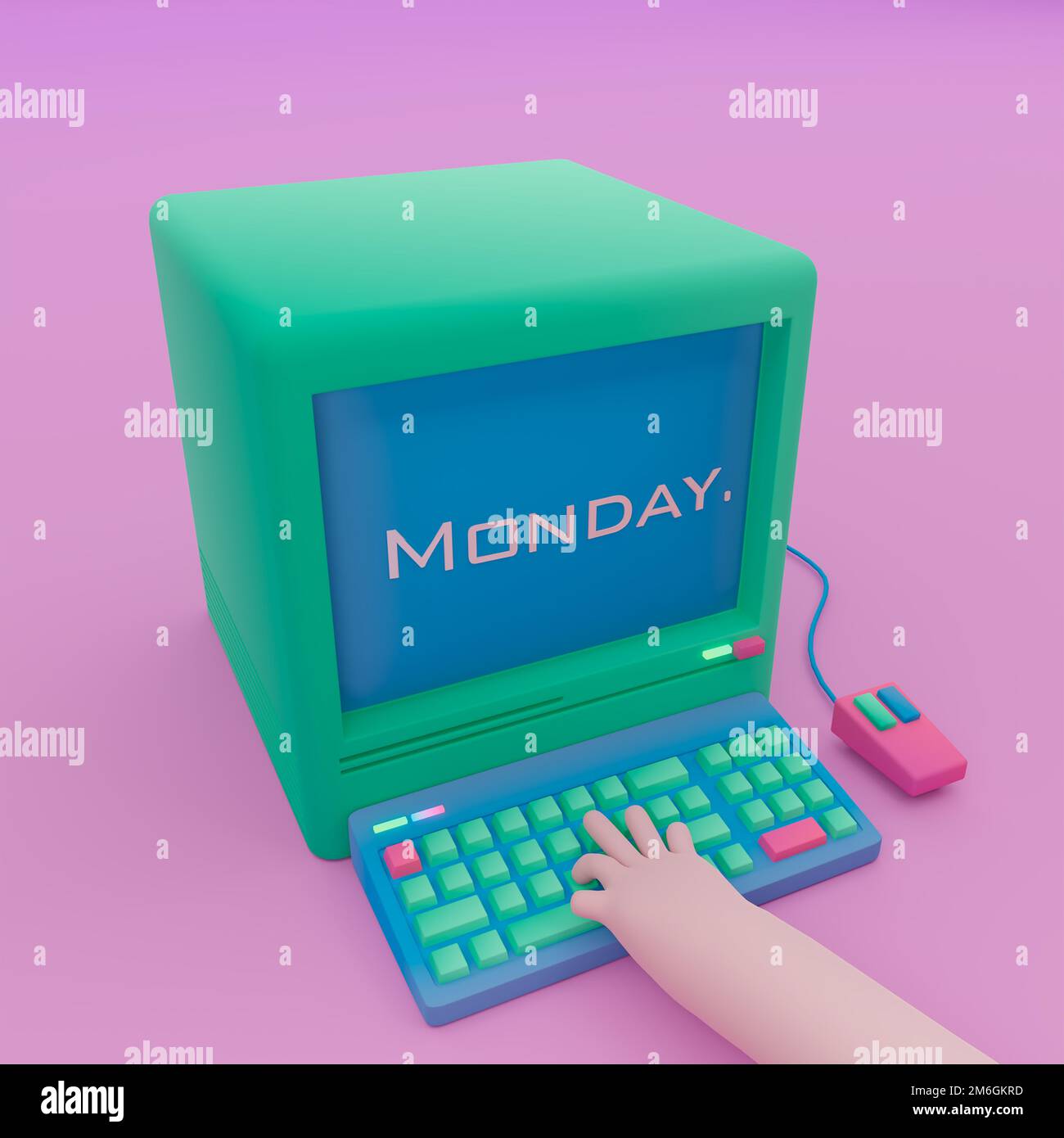 3d render, 3d illustration. Computer with keyboard, mouse and hand on ...