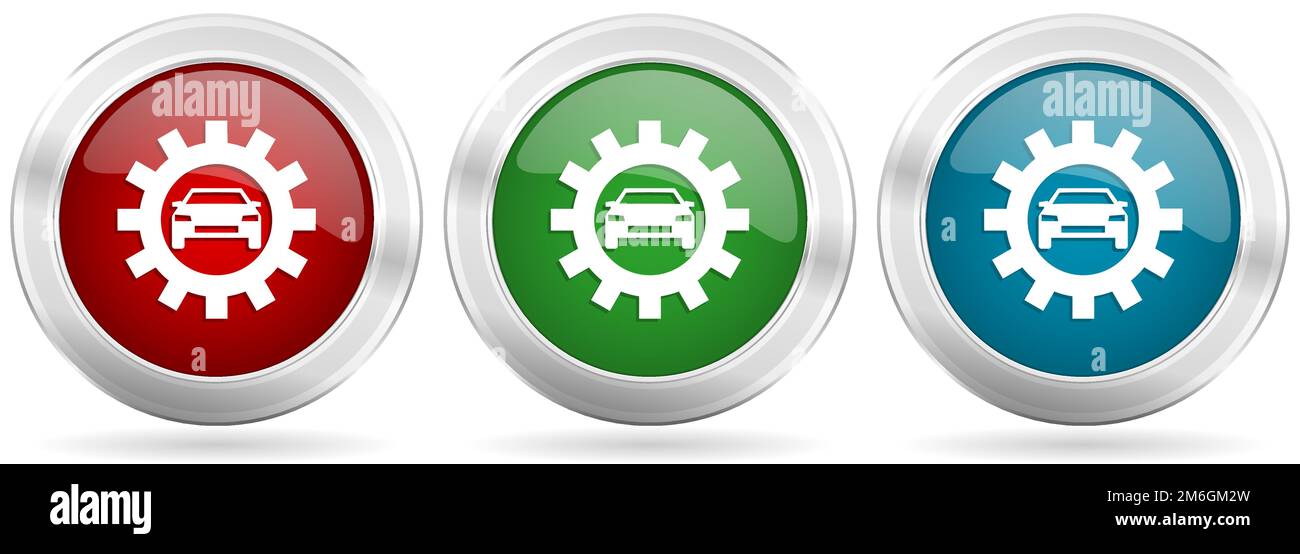 Auto service vector icon set. Red, blue and green silver metallic web ...
