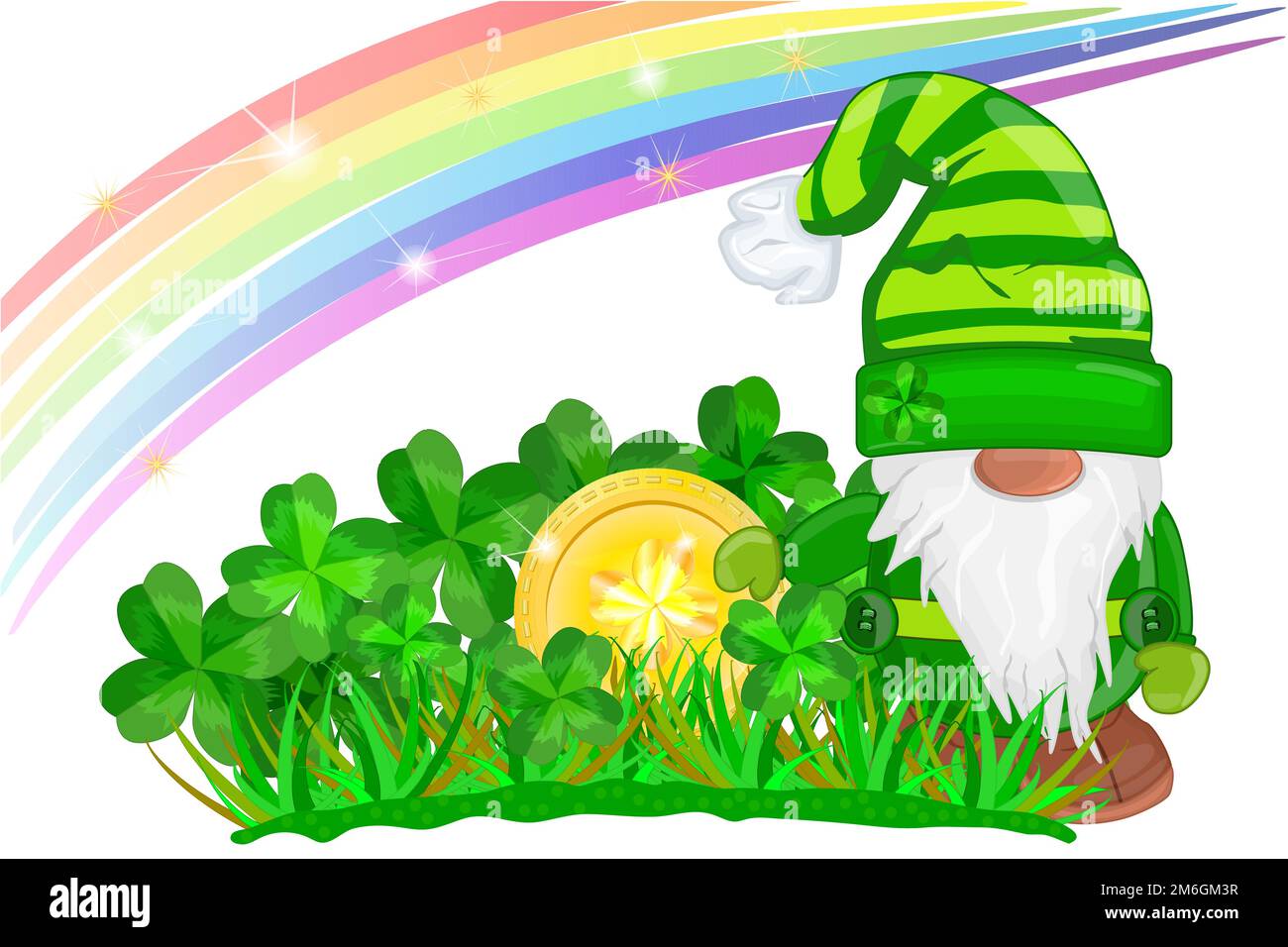 St. Patrick's Day card.Gnome, golden coin, rainbow and clover.Gnome ...