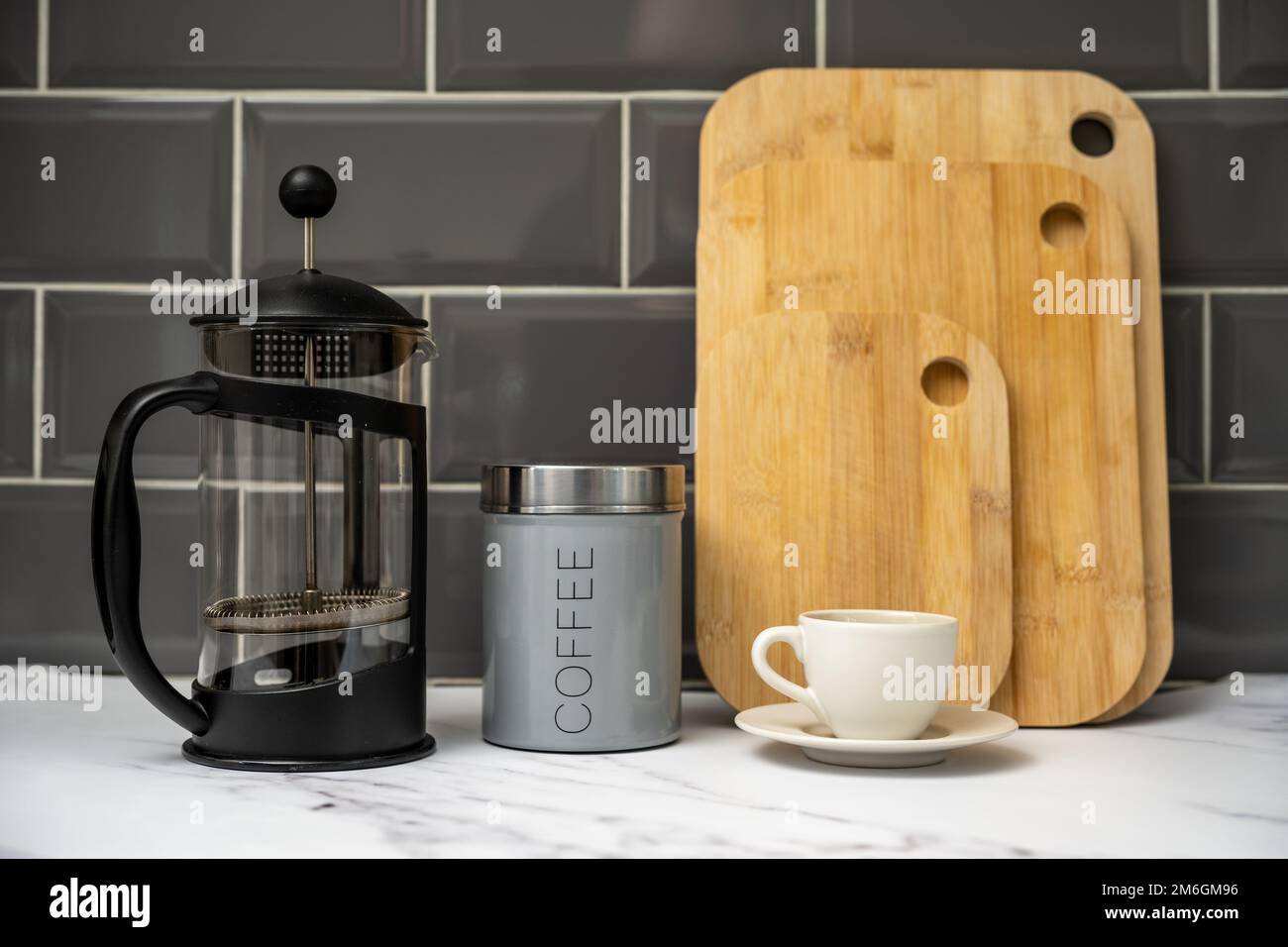 coffee air tight cannister Glass Cafetiere with coffee cup and saucer ...