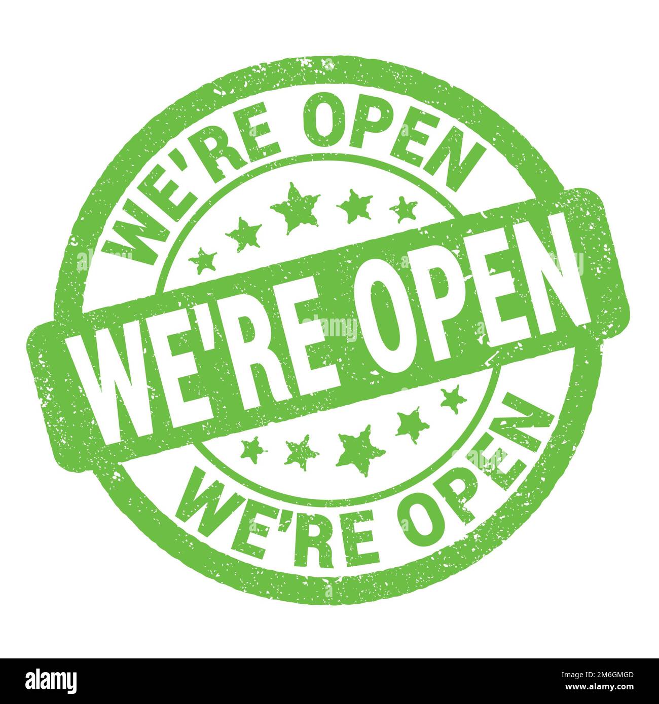 WE'RE OPEN text written on green grungy stamp sign Stock Photo - Alamy
