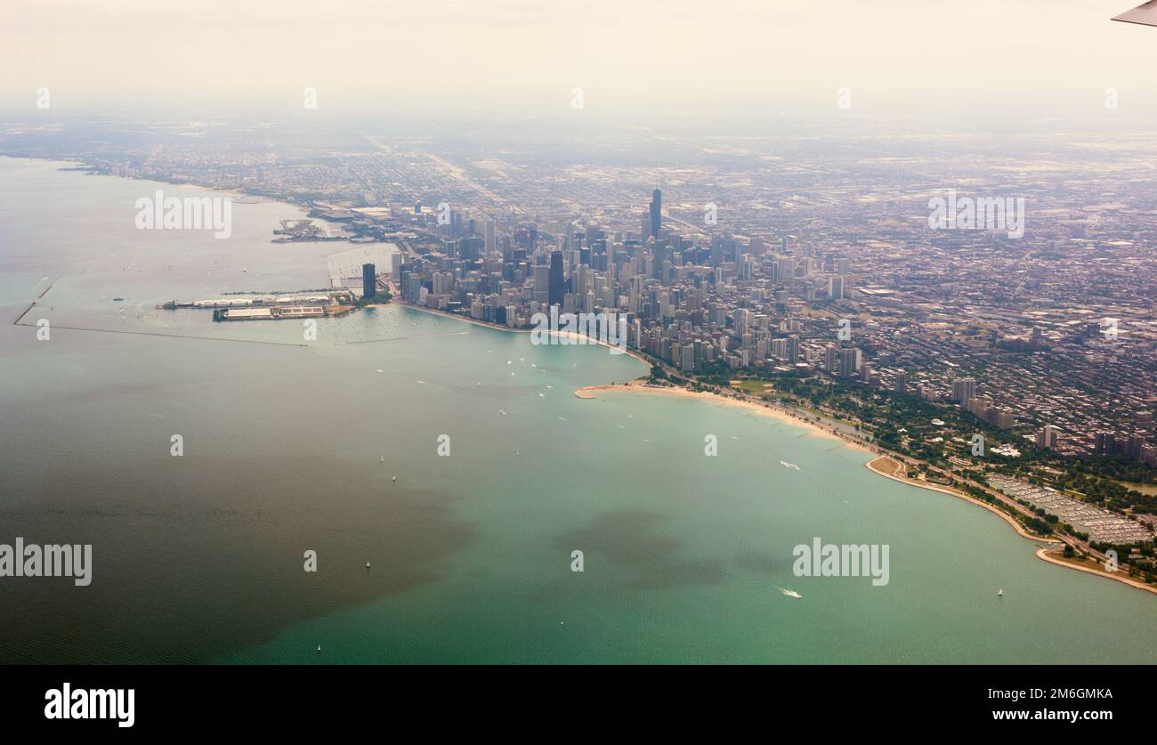 A view of Chicago city skyline seen from the air in flight coming in to ...