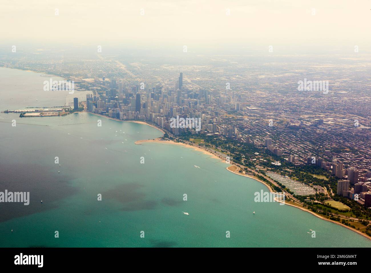 A view of Chicago city skyline seen from the air in flight coming in to ...