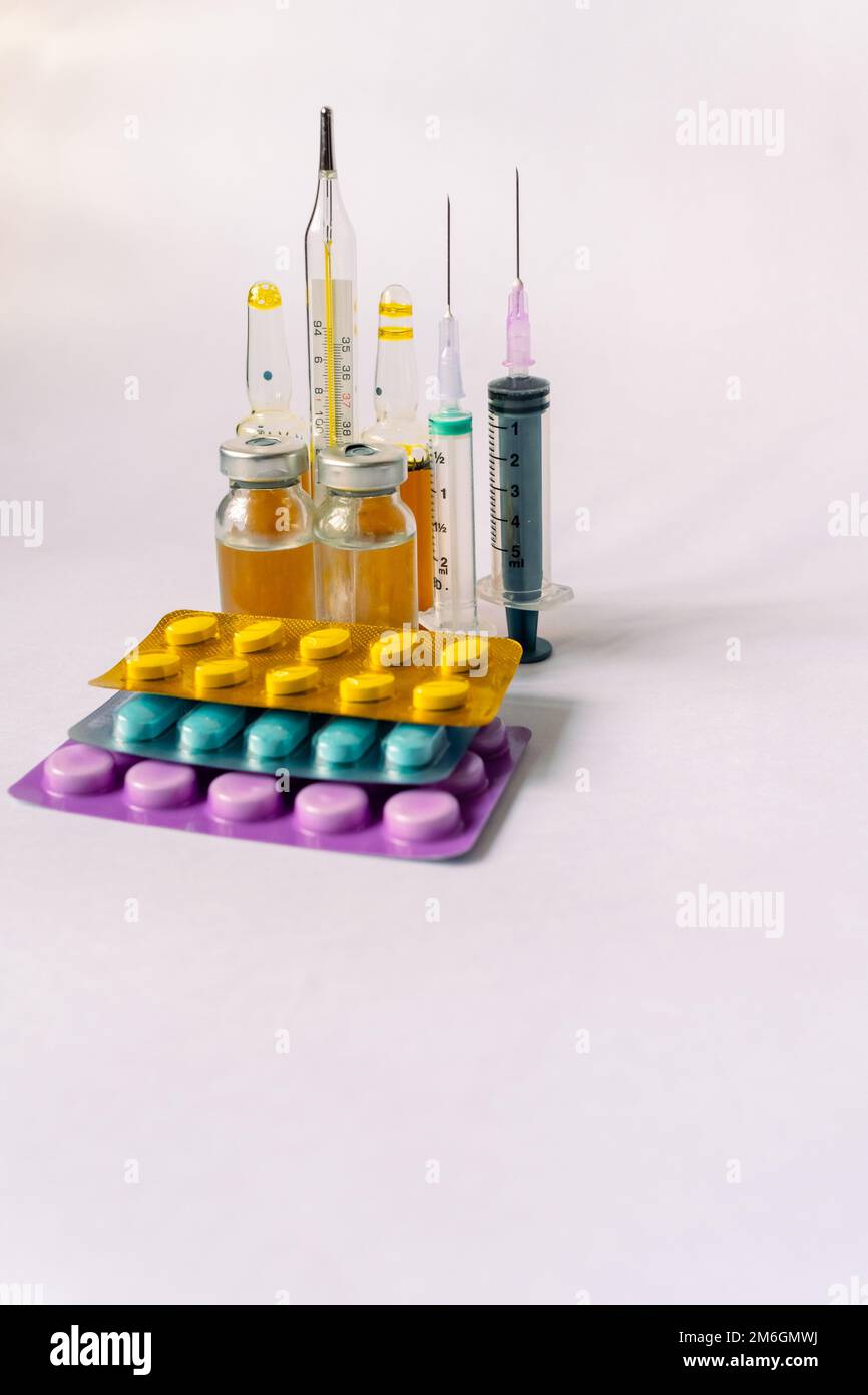 Various medical equipment, thermometer, ampoules, pipette, drugs ...