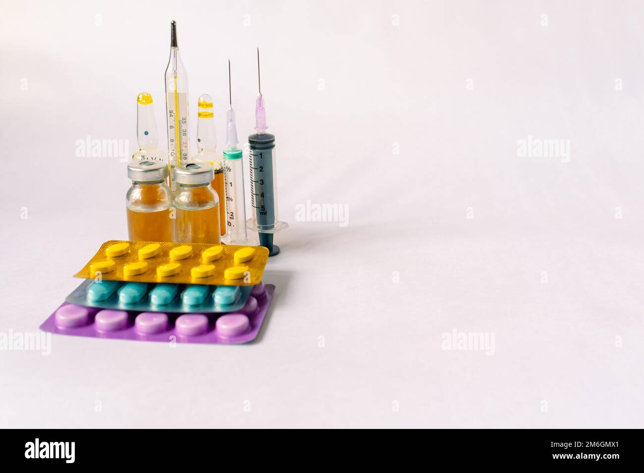 Various medical equipment, thermometer, ampoules, pipette, drugs ...