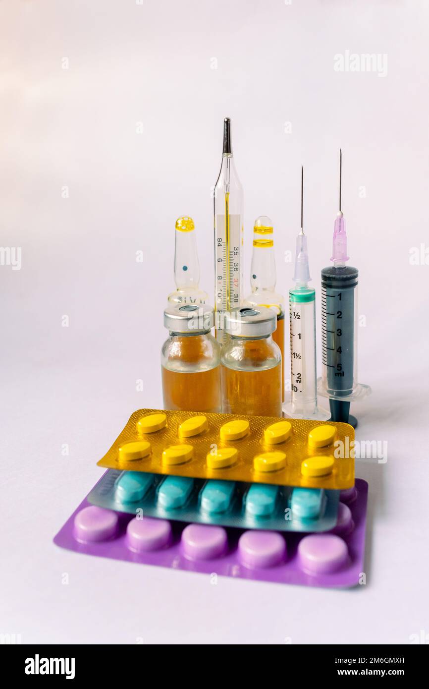 Various medical equipment, thermometer, ampoules, pipette, drugs ...
