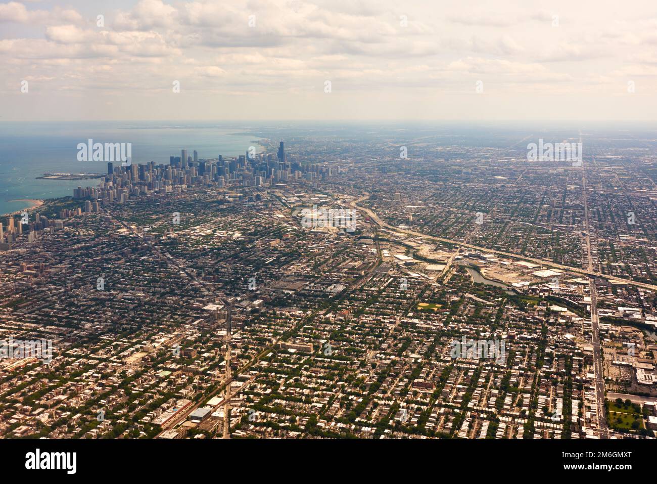 A view of Chicago city skyline seen from the air in flight coming in to ...